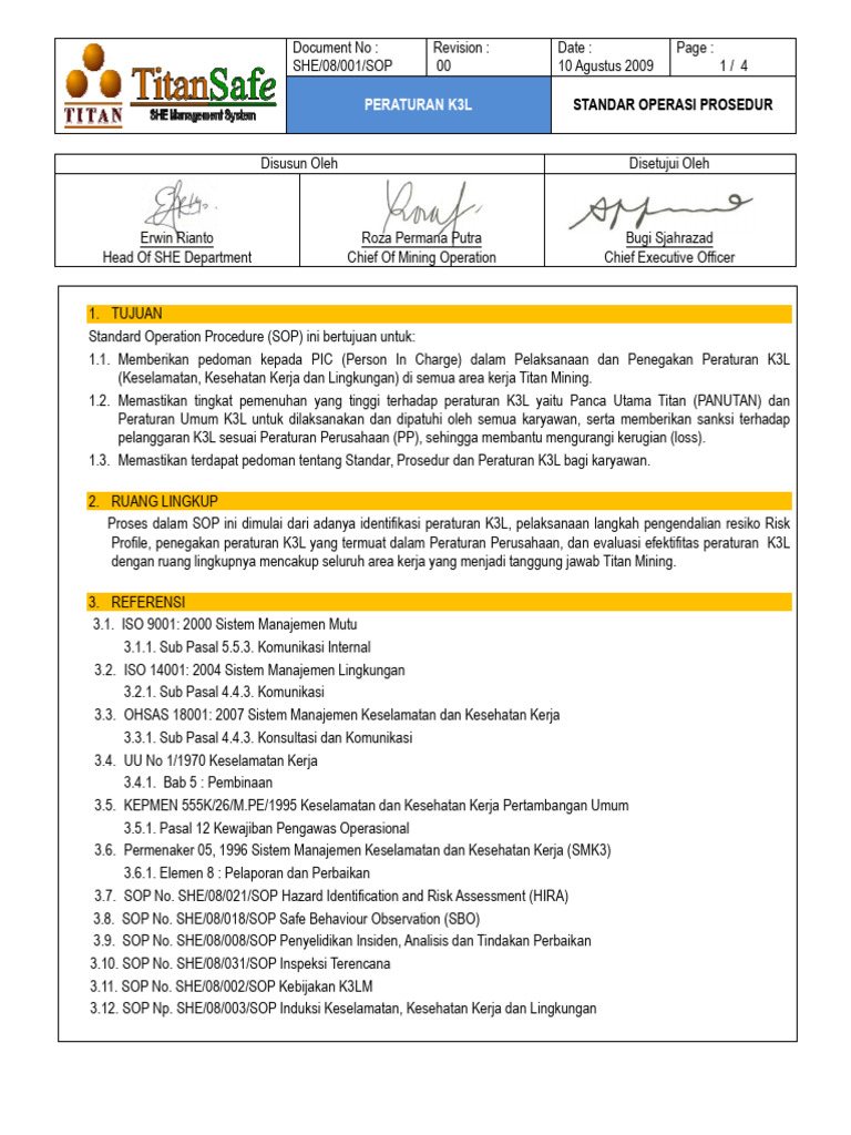 SOP SHE 08 001 Peraturan K3L Rev1 | PDF