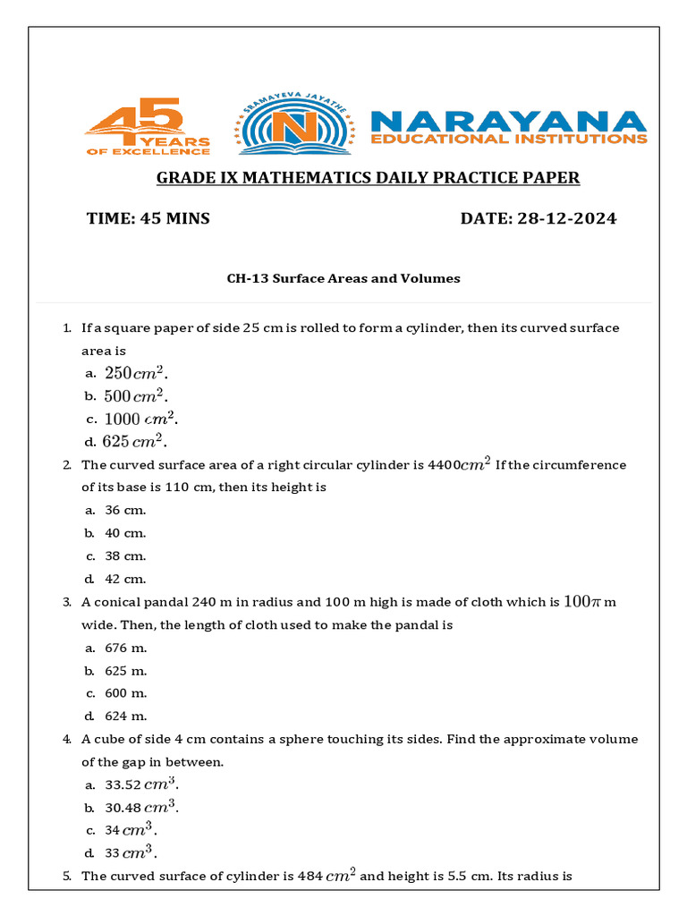 Grade IX Mathematics DPP-5 Dec 28th | PDF | Sphere | Area