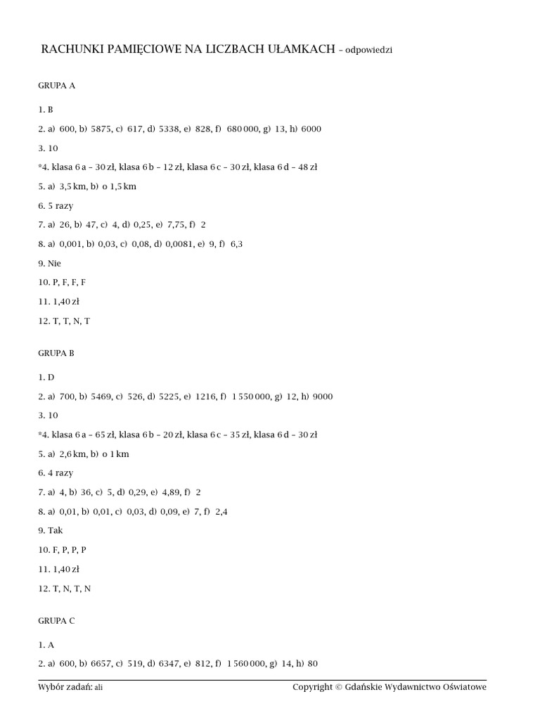 klasa 6 Liczby naturalne i ulamki RACHUNKI PAMIECIOWENA LICZBACH ...