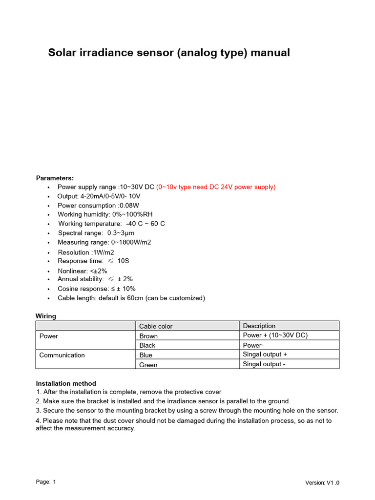 Solar Irradiance Sensor Manual (Analog Type) | PDF