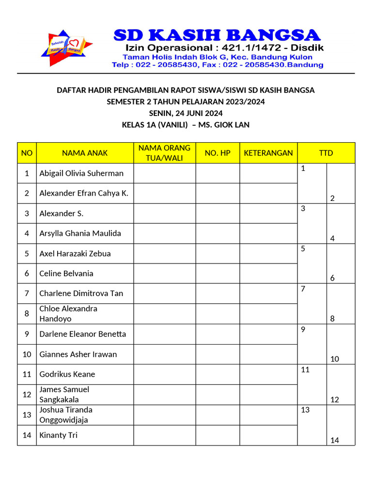 Daftar Hadir Ambil Rapot Ta 2024 | PDF