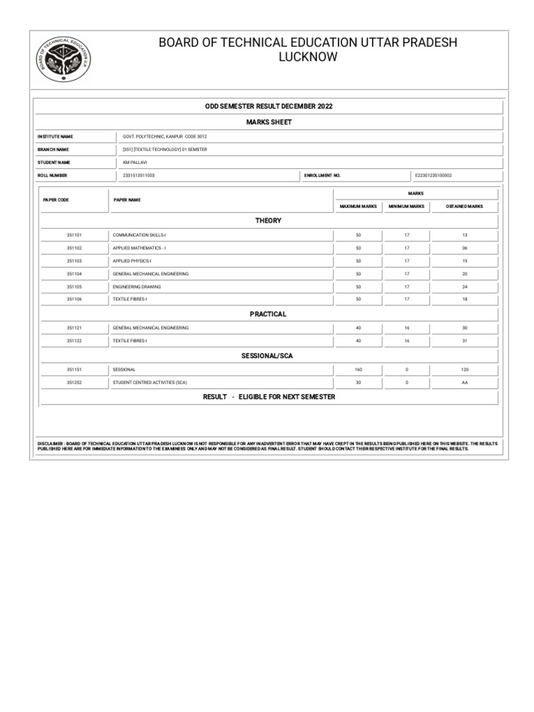Pallavi 1st Semester Result | PDF | Science | Academic Discipline ...
