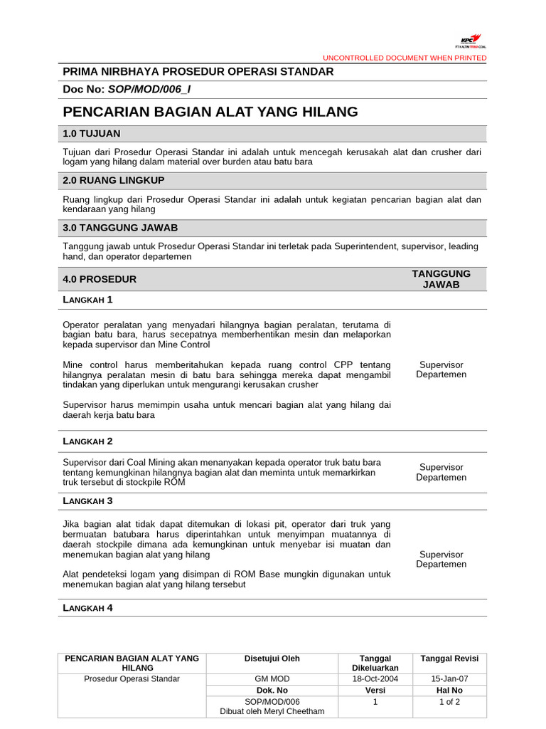 SOP-MOD-006ind-Pencarian Bagian Alat yang Hilang | PDF