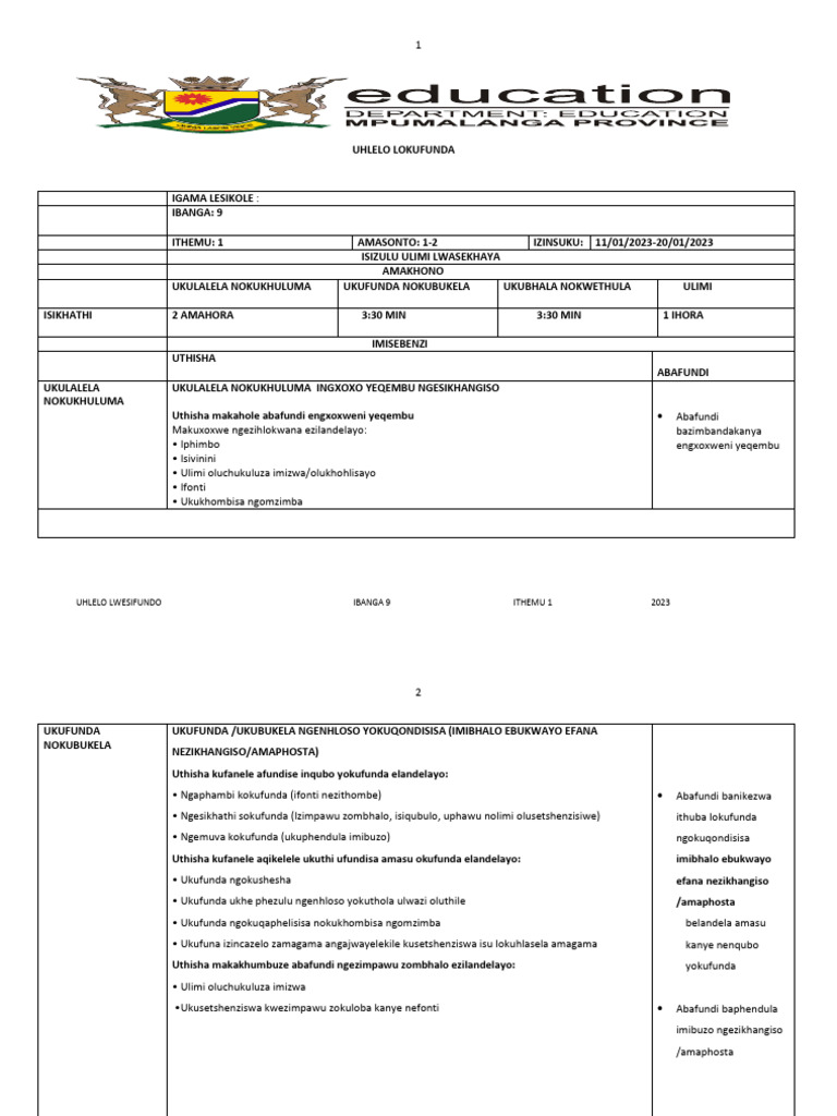 2023 Zul GR 9 t1 Lesson Plan | PDF