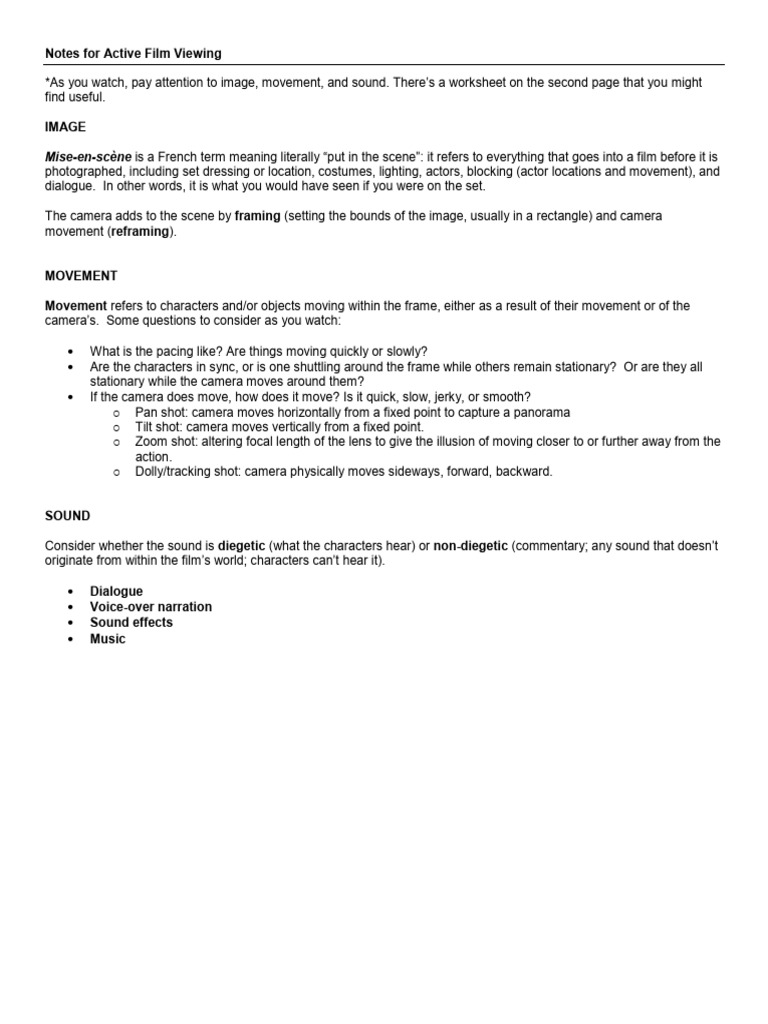 Active Film Viewing Guide: Image, Movement, Sound | PDF