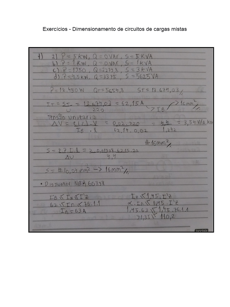 Gabriel Alberton Rodrigues - Exerc-cios - Dimensionamento de Circuitos de Cargas Mistas | PDF