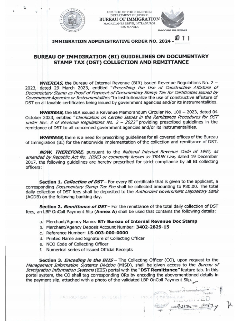 Immigration Administrative Order No. 2024-011 Bureau of Immigration (Bi) Guidelines On ...