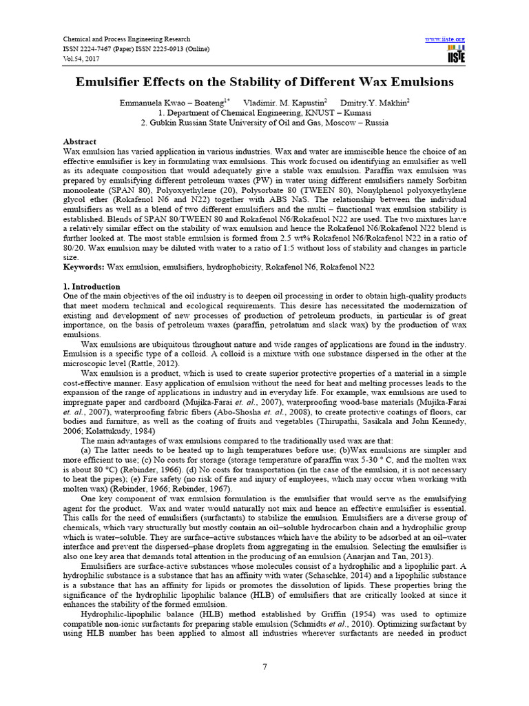 Emulsifier Effects On The Stability of Different Wax Emulsions | PDF ...