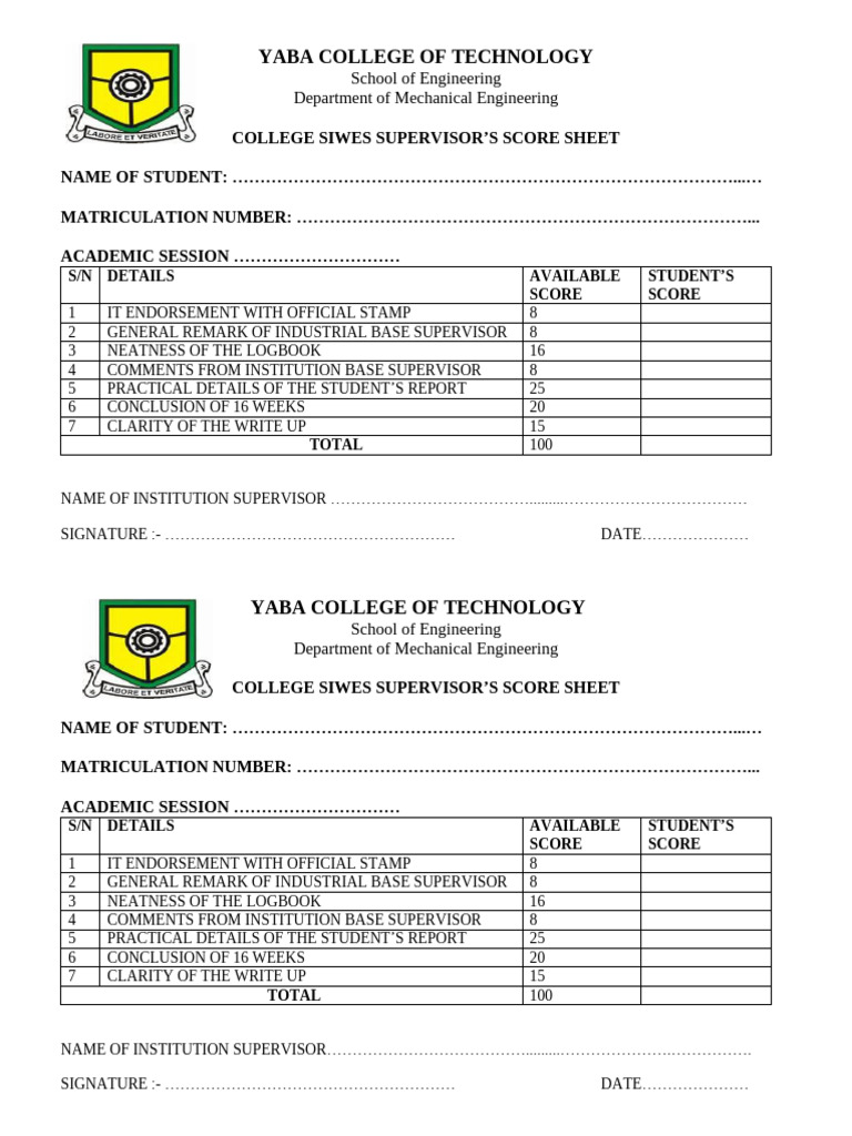 SIWES SUPERVISOR SCORE SHEETS | PDF