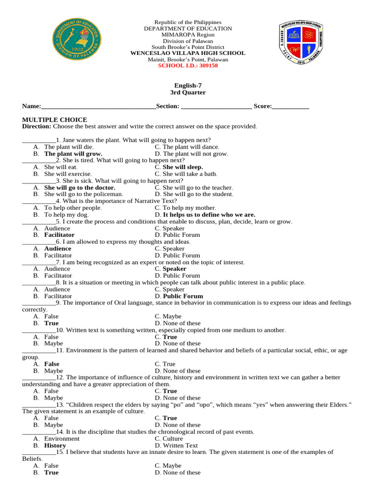 GRADE 7 - 3rd Quarter Exam Final Na Talaga - ANSWER KEY | PDF ...