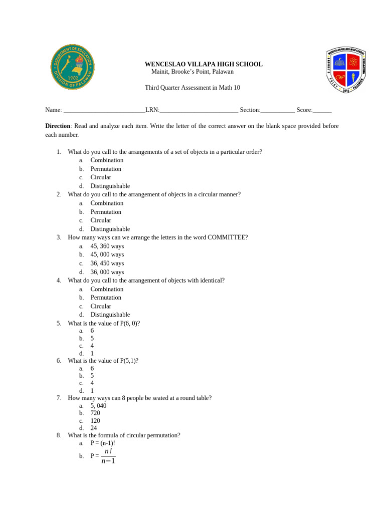 summative test Q3 | PDF | Probability | Permutation