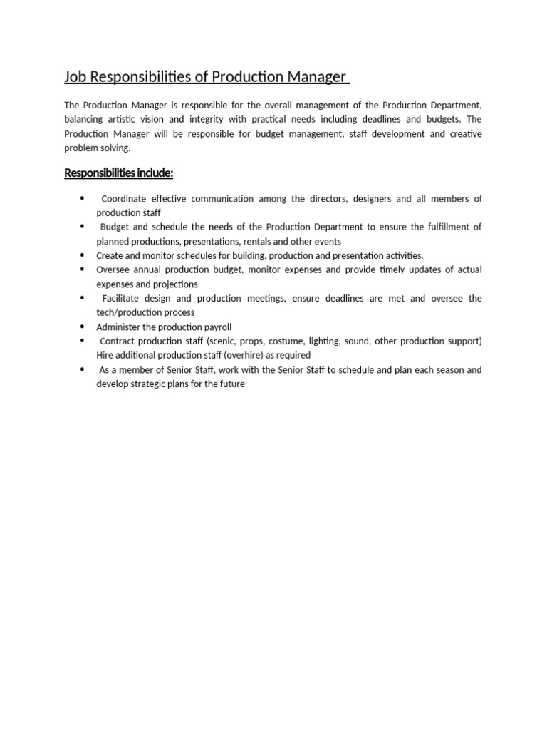 Job Responsibilities of Production Manager | PDF