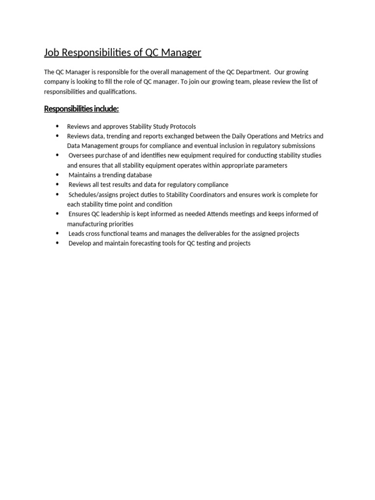 Job Responsibilities of QC Manager | PDF