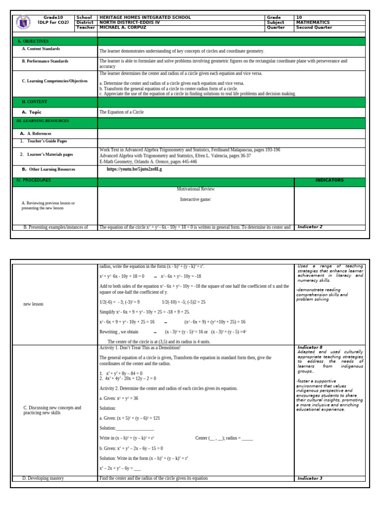 CO2-DLP-MATH 10 | PDF | Equations | Circle