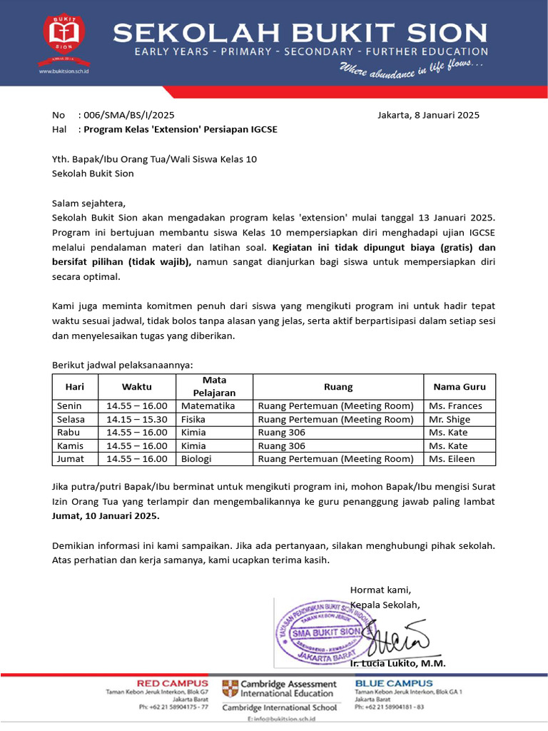 Surat SMA No.006, Surat IGCSE Kelas Extention | PDF