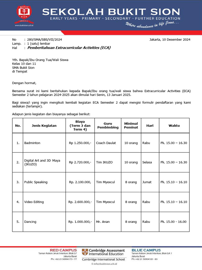 Surat Pemberitahuan Kegiatan Extracurricular Activities (ECA) SMA Semester 2 T.P. 2024-2025 | PDF