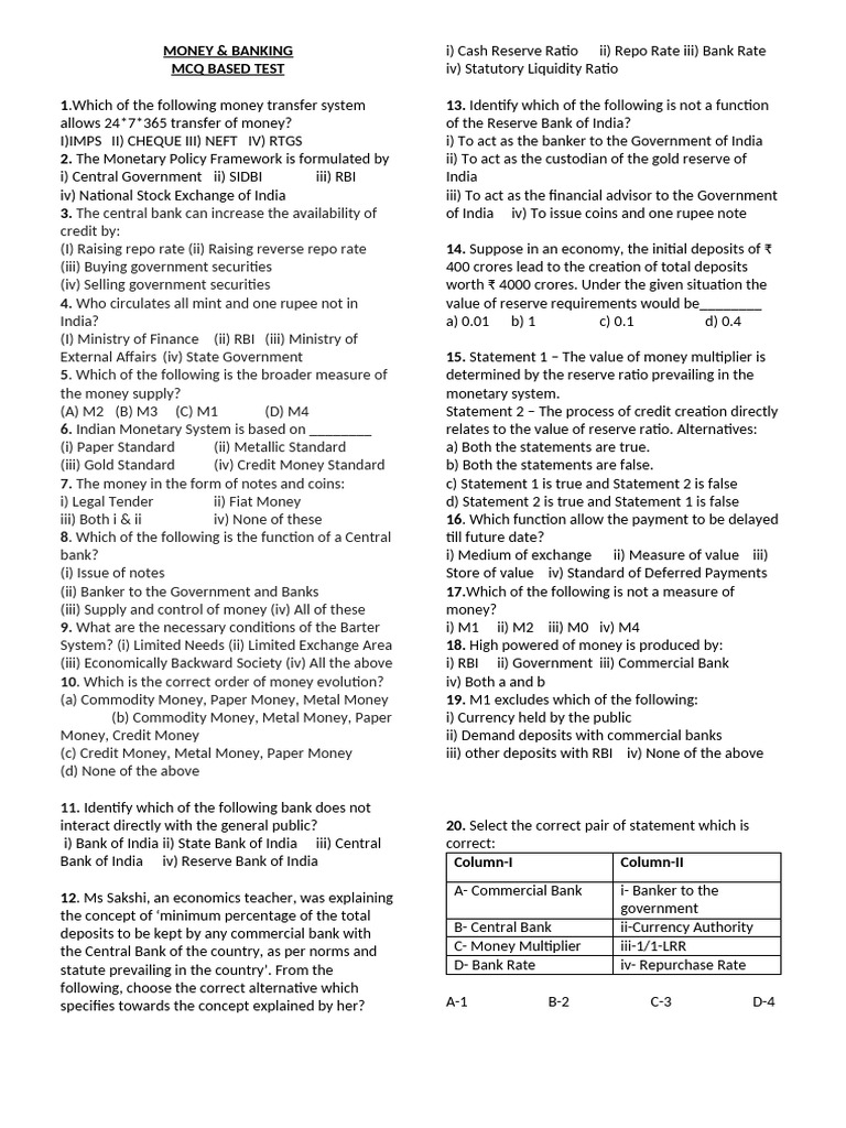 MCQ On Money & Banking | PDF | Money | Money Supply