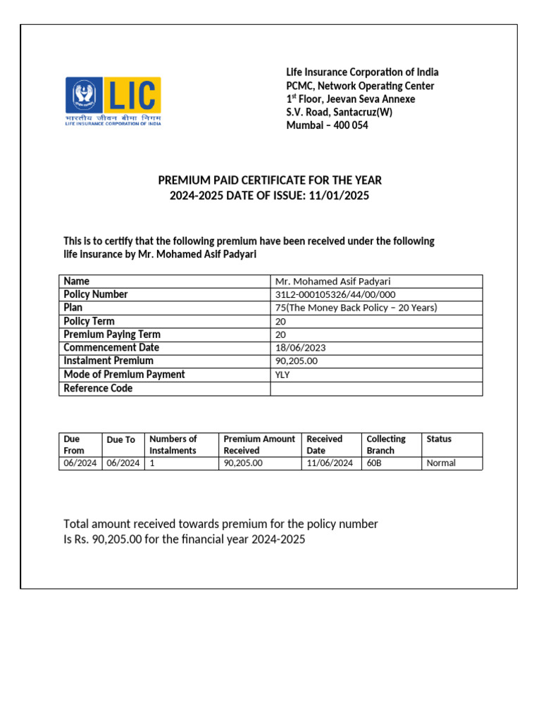 80C LIC-Premium-Certificate | PDF