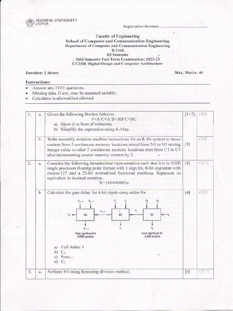 CC2101-Digital Design and Computer Architecture-III Sem-2022-23 | PDF