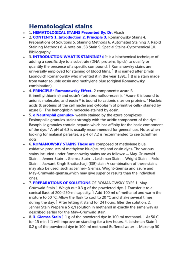 Overview of Hematological Stains | PDF | Staining | Cell Biology