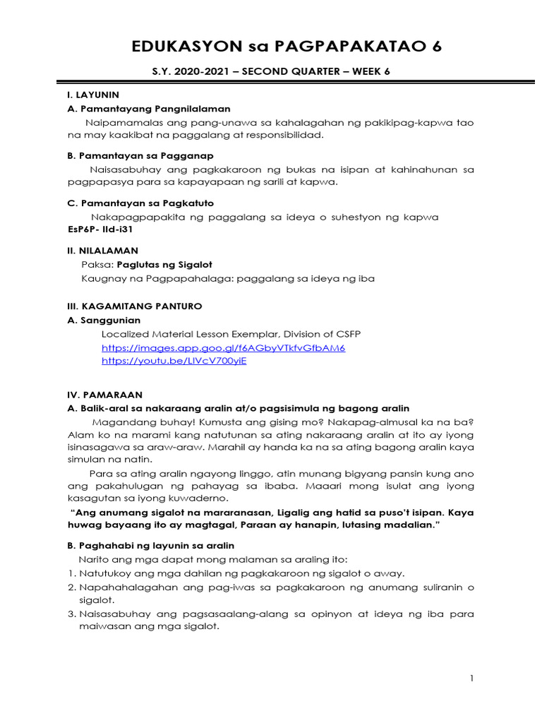 Esp6 q2 Week 6 Modified Model DLP Qarodel | PDF