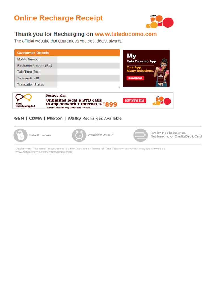 Recharge Receipt Tata Docomo | PDF