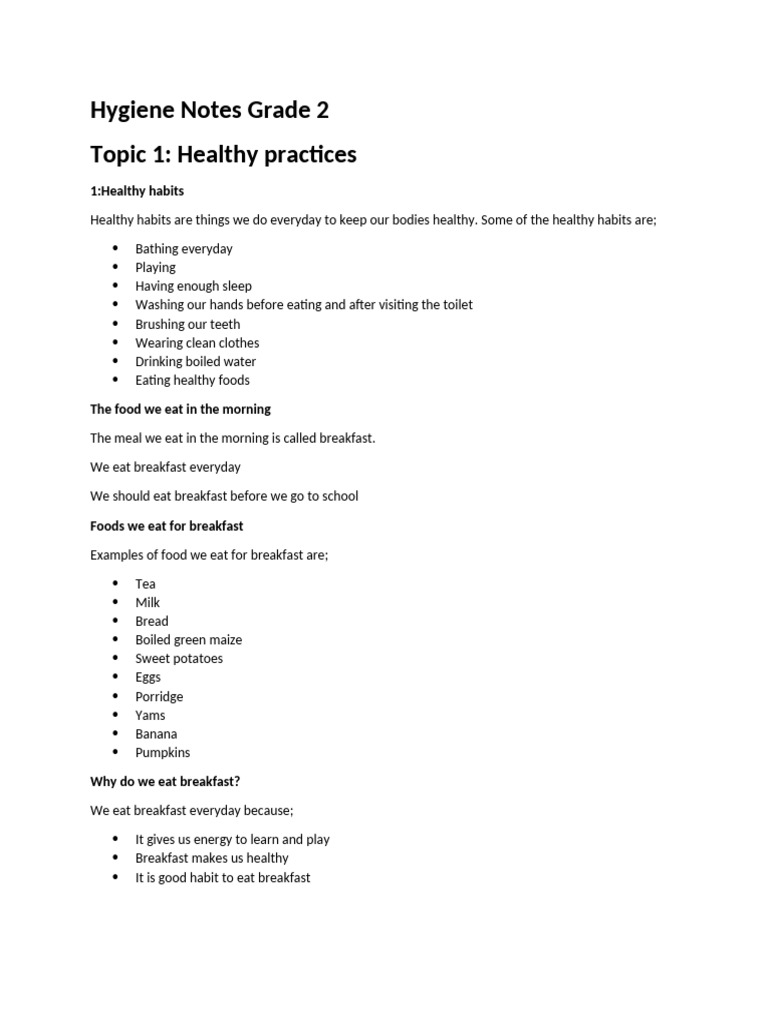 Hygiene and Nutrition Notes Grade 2 | PDF | Room | Foods