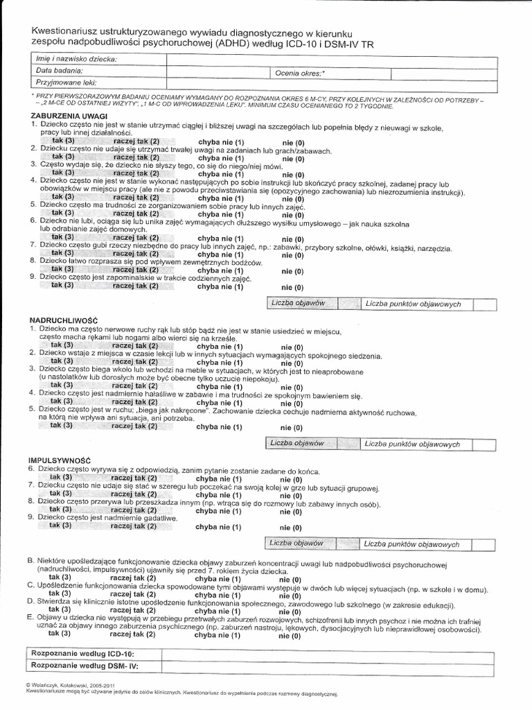 Wywiad ADHD Arkusz | PDF