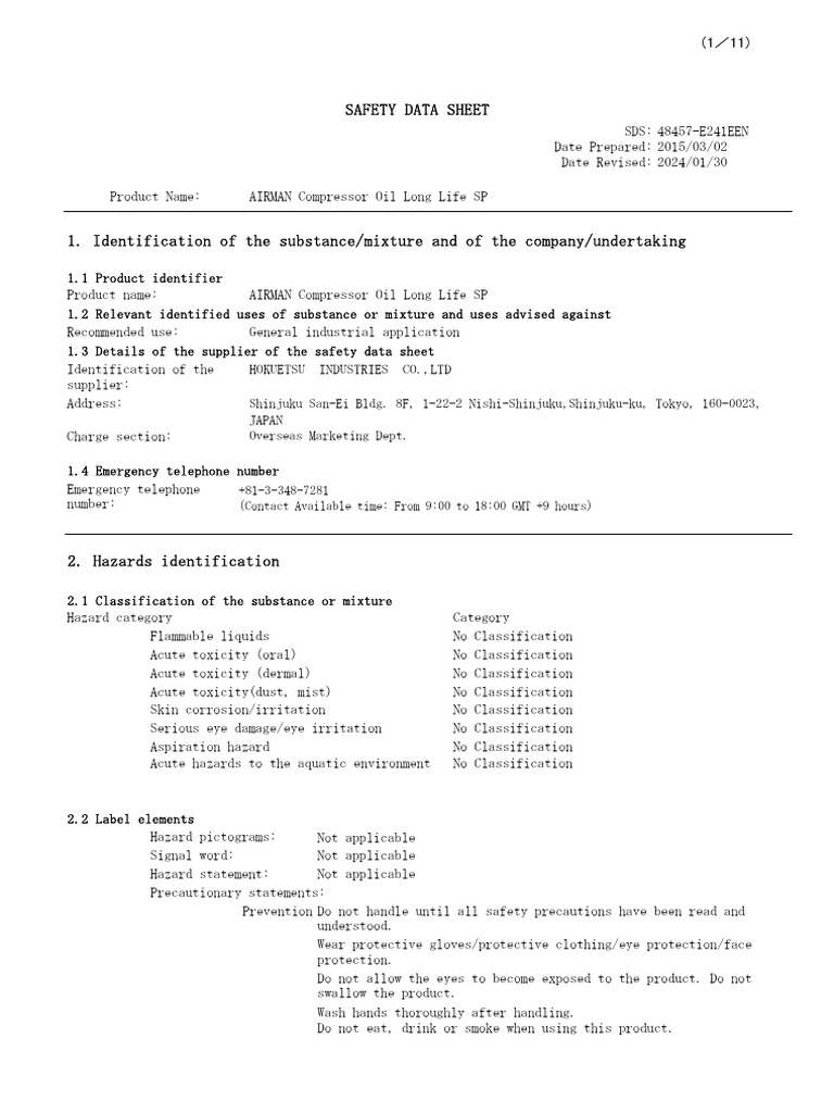 AIRMAN Compressor Oil SDS Overview | PDF | Toxicity | Safety