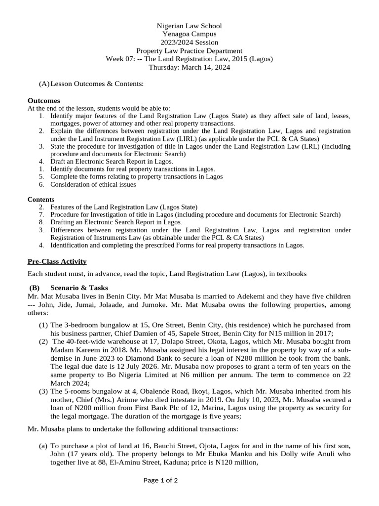Pre-Class Tasks On LRL, 2015, Lagos - Property Law Practice | PDF | Common Law | Natural ...