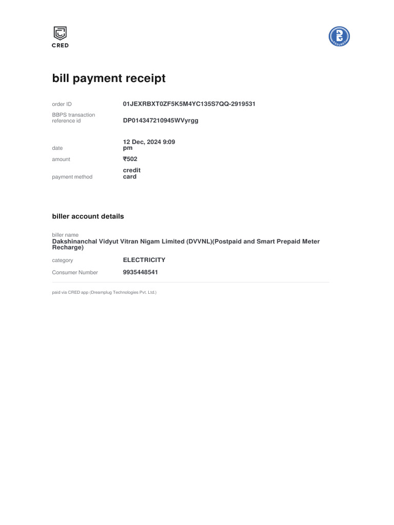Bill Payment Receipt for DVVNL Electricity | PDF