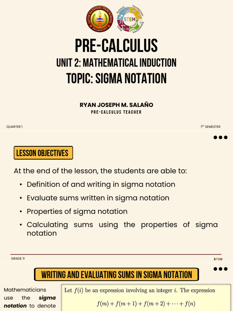 Precalculus Mathematical Induction Lesson6 Sigma Notation | PDF ...