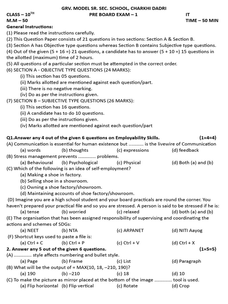 10TH IT PREBOARD 1 | PDF | Sql | Computing