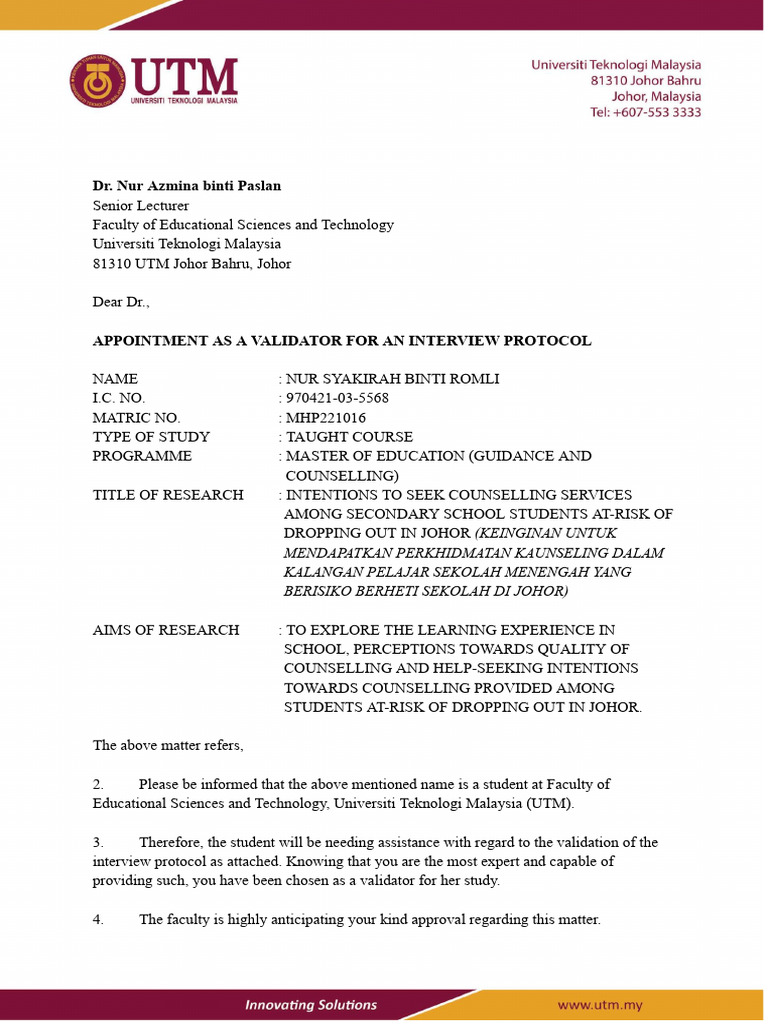 Validator Appointment for UTM Research | PDF
