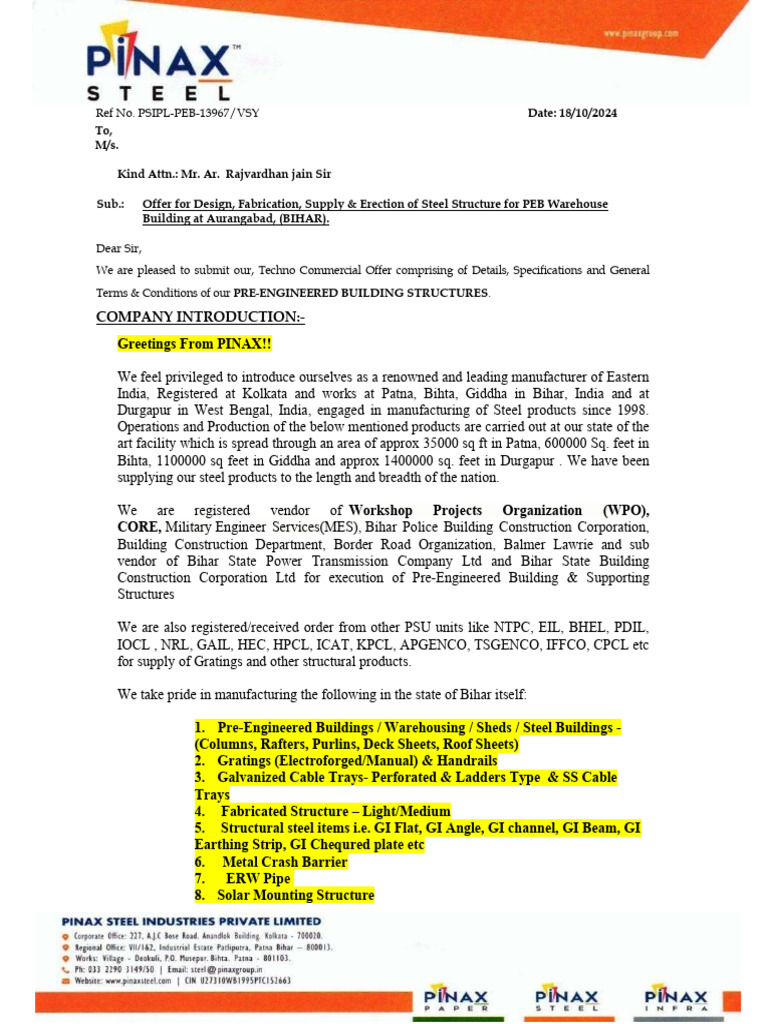 PSIPL-Techno-Commercial Offer | PDF | Screw | Framing (Construction)