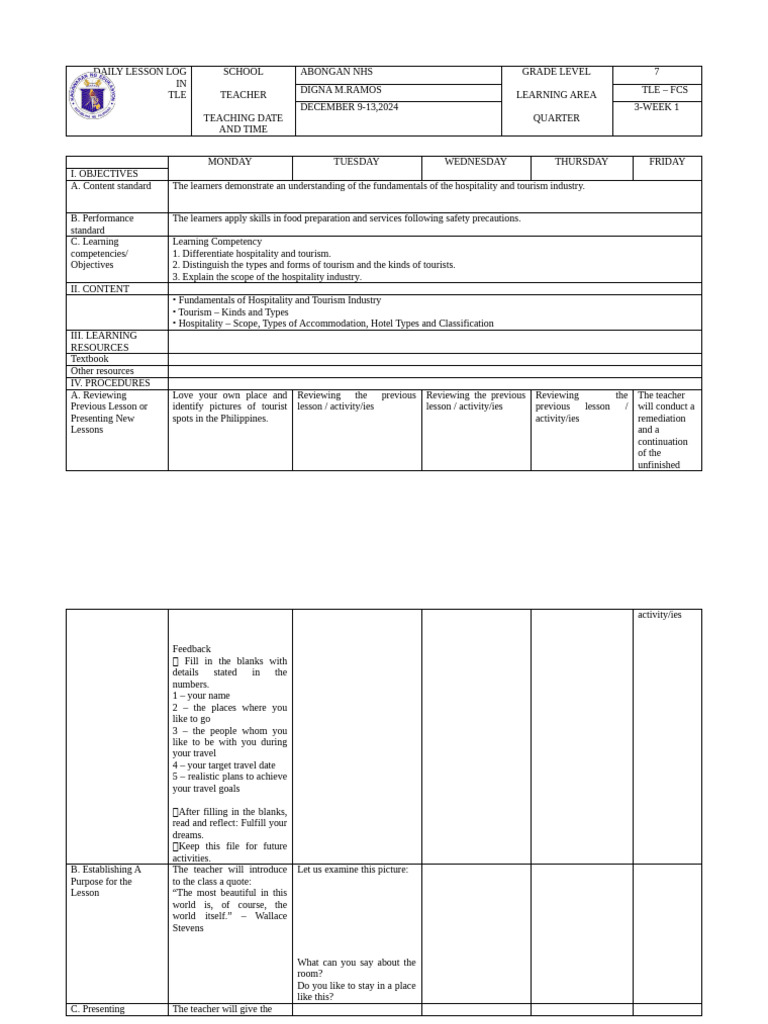 TLE 7 Lesson Plan: Hospitality & Tourism | PDF | Teachers | Human ...