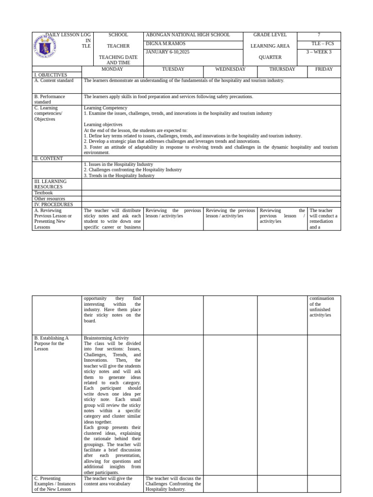 FCS in TLE: Hospitality Trends & Issues | PDF | Learning | Teachers