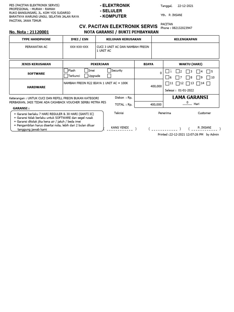 Nota Servis AC dan Garansi | PDF