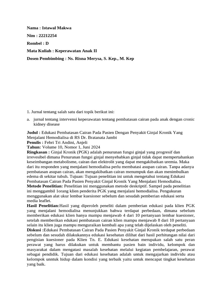 Tugas jurnal Kep. anak Safraul ulya {22212203} | PDF