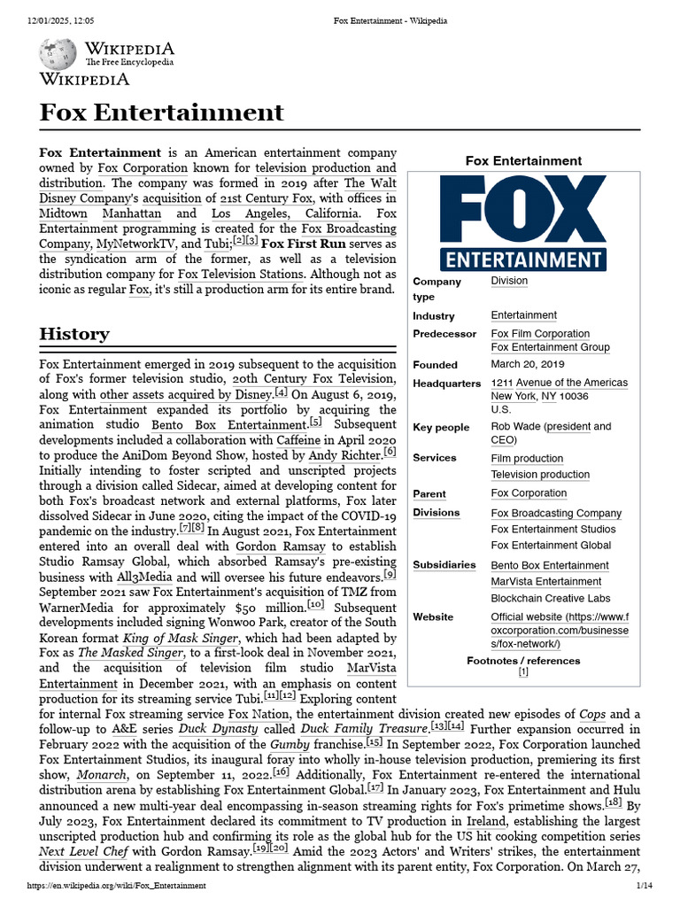 Fox Entertainment - Wikipedia | PDF | Entertainment Companies ...