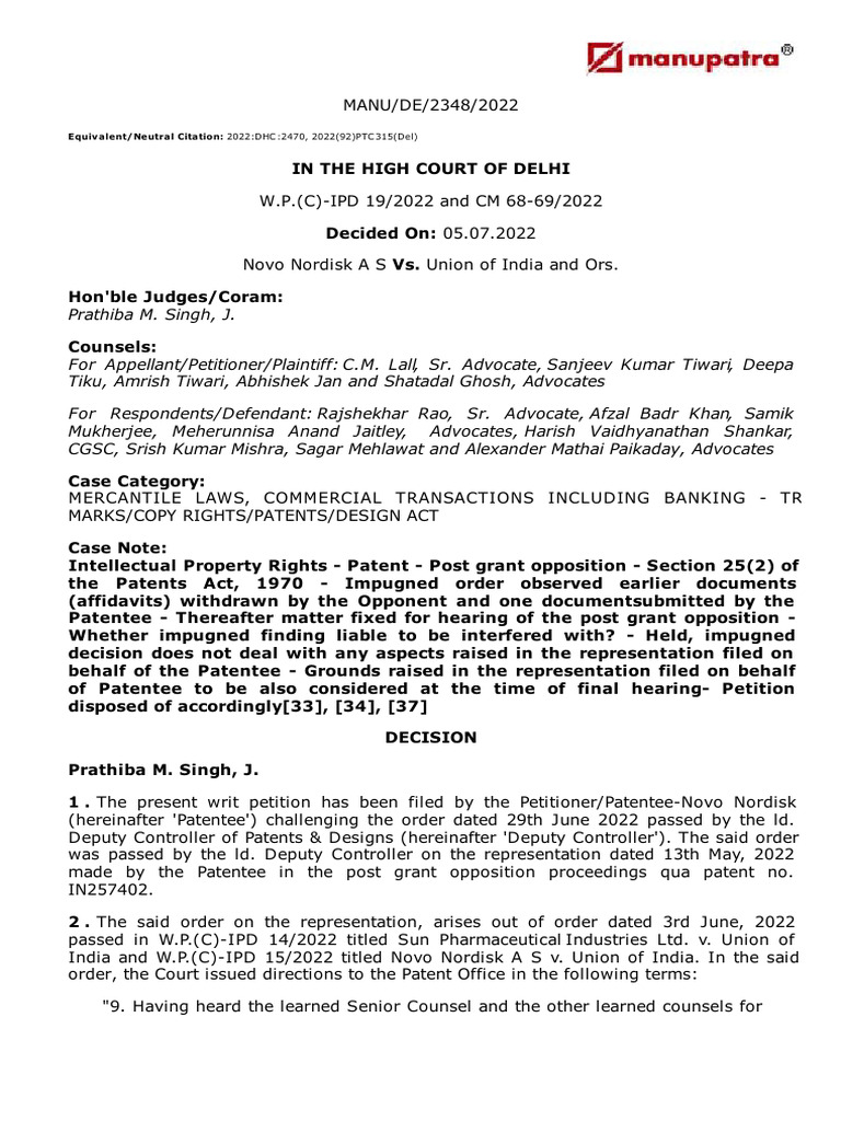 Novo Nordisk Patent Opposition Case Summary | PDF | Glossary Of Patent Law Terms | Civil Law ...