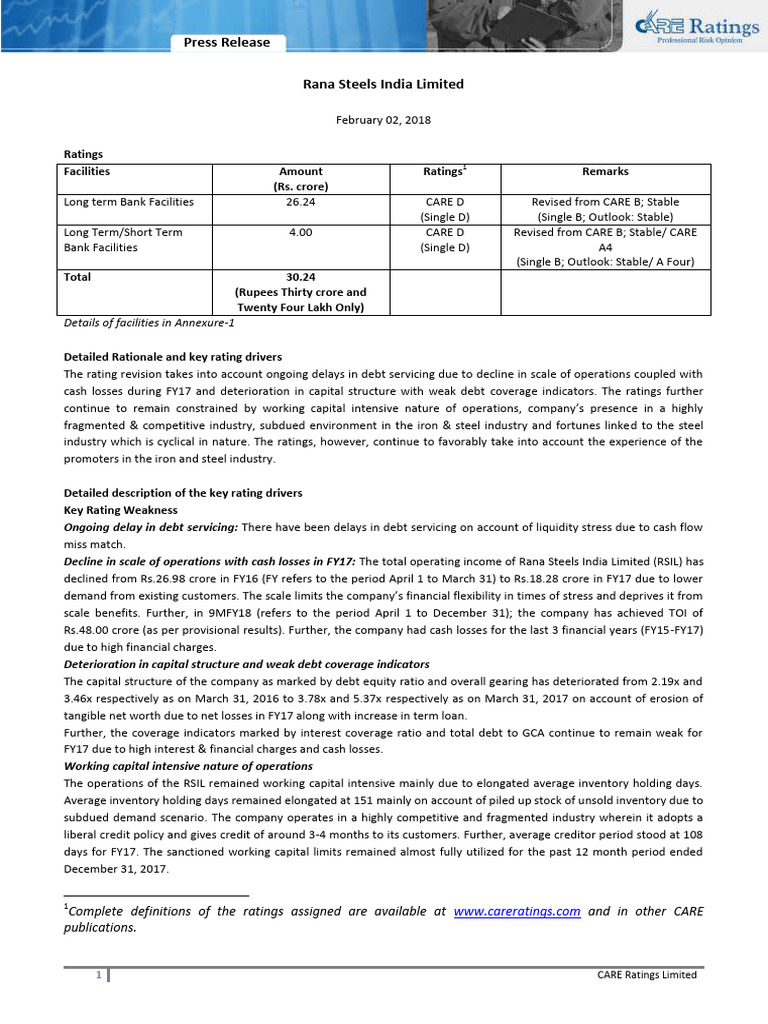 Rana Steels India Limited-02-02-2018 | PDF | Credit Rating Agency | Money
