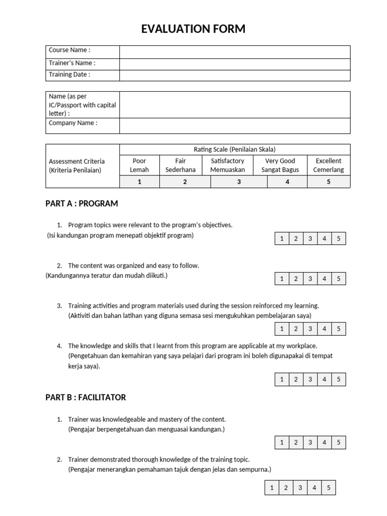 Evaluation Form | PDF | Cognition | Learning
