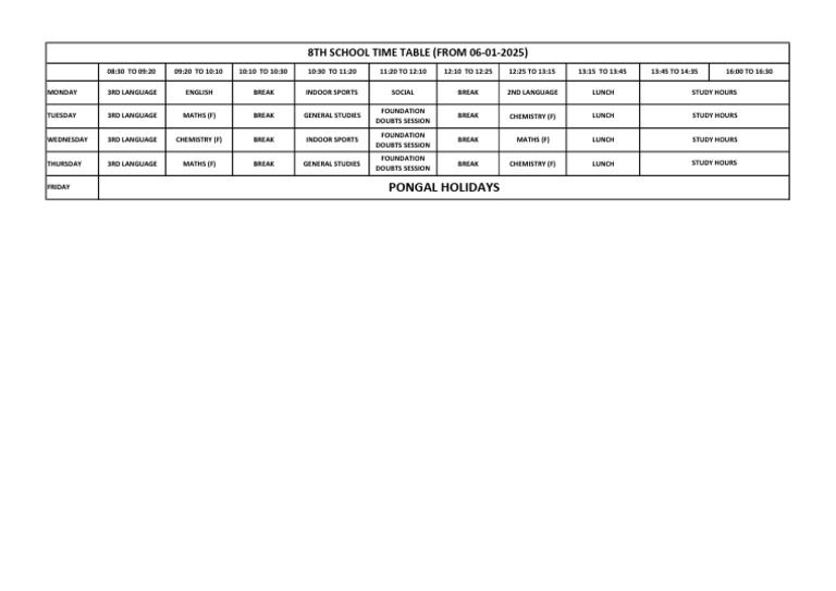 8th Grade School Timetable 2025 | PDF