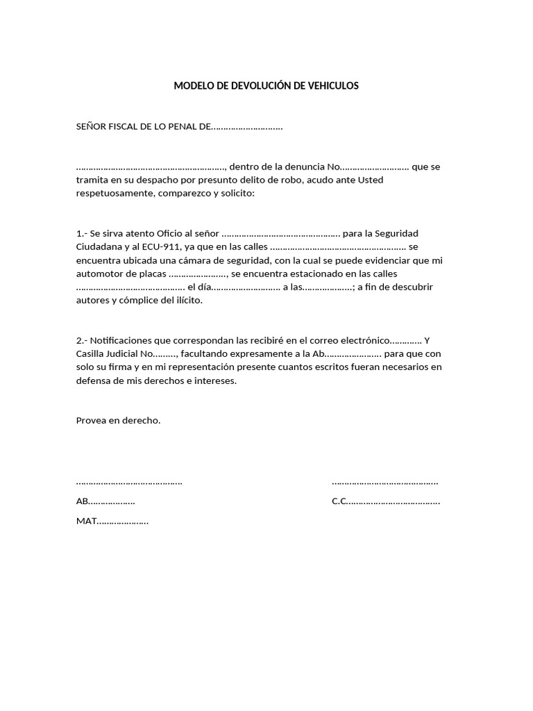 MODELO DE DEVOLUCION DE VEHICULOS | PDF