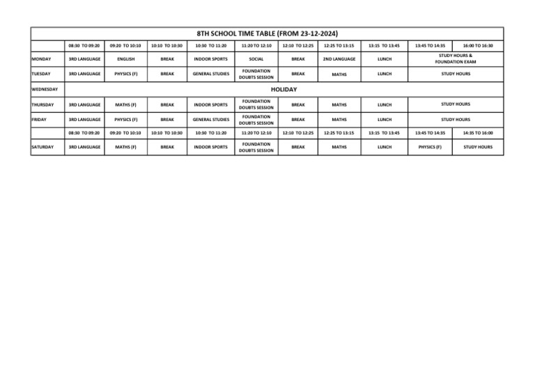 8th Grade School Timetable 2024 | PDF