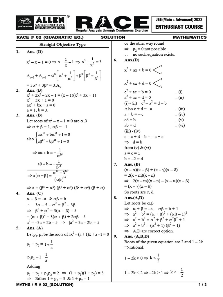 Race 02 Quadratic Solution 1615015849 | PDF | Algebra | Mathematics