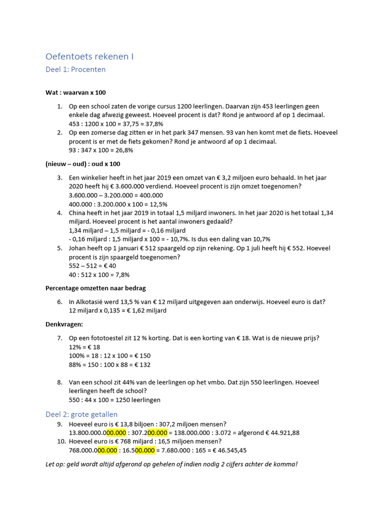 Oefentoets Rekenen I Met Antwoorden | PDF