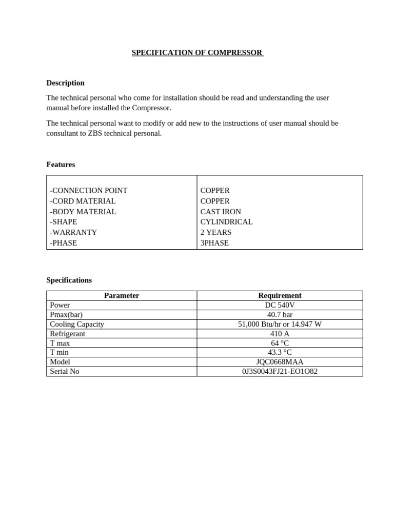 Compressor Specification | PDF