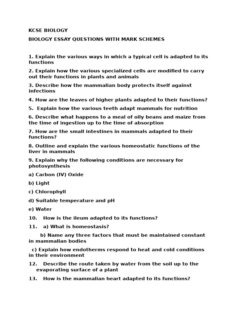 KCSE Biology Essay Questions & Answers | PDF | Homeostasis ...